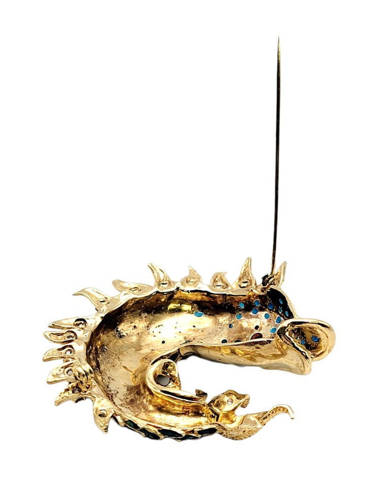 Ornate Scaled 14 Karat Yellow Gold Fish Brooch with Diamonds, Ruby and ...