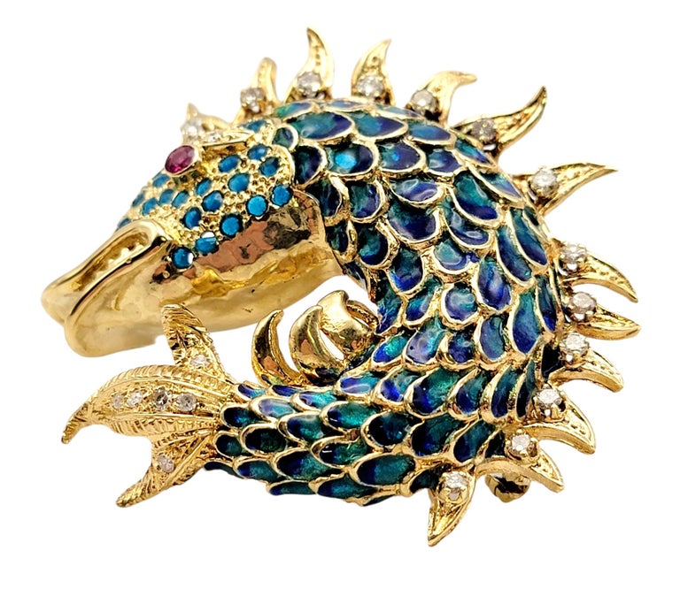 Ornate Scaled 14 Karat Yellow Gold Fish Brooch with Diamonds, Ruby and ...