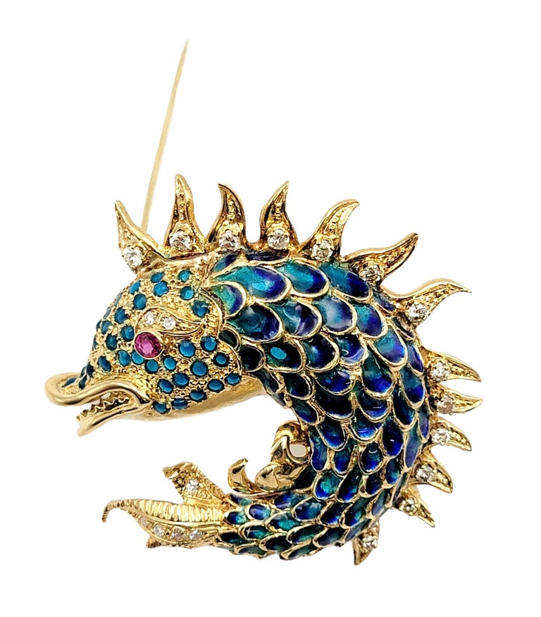 Ornate Scaled 14 Karat Yellow Gold Fish Brooch with Diamonds, Ruby and ...