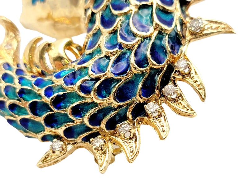 Ornate Scaled 14 Karat Yellow Gold Fish Brooch with Diamonds, Ruby and ...