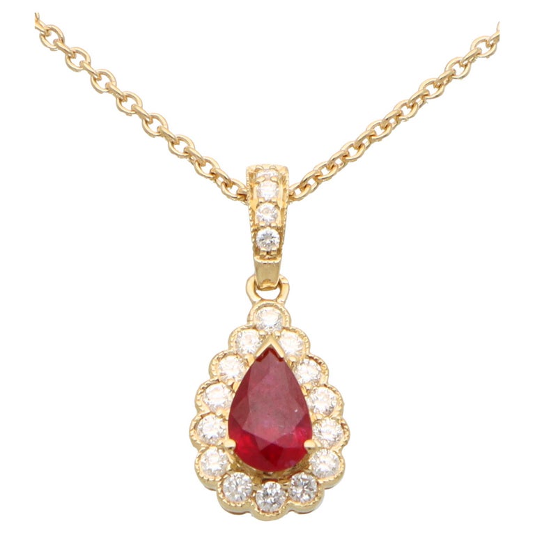 Ruby and Diamond Pear Shape Pendant Necklace in 18k Yellow Gold For ...