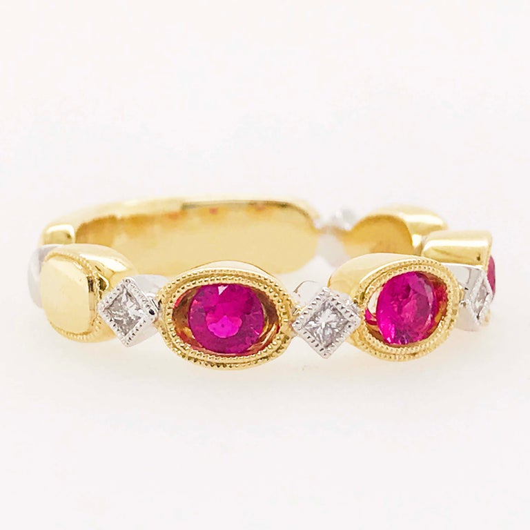 Ruby and Diamond Ring, July Birthstone Two-Tone Diamond Band White Yellow Gold For Sale at 1stDibs