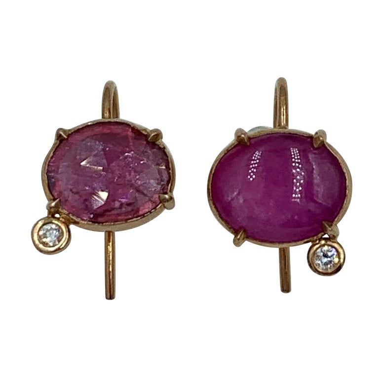 Ruby and Diamond Rose Gold Hook Earrings For Sale at 1stDibs