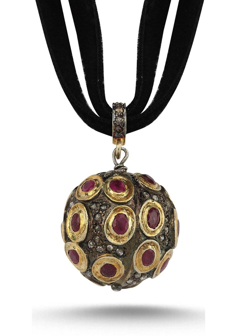 Ruby and Diamond Silver Ball Pendant For Sale at 1stDibs