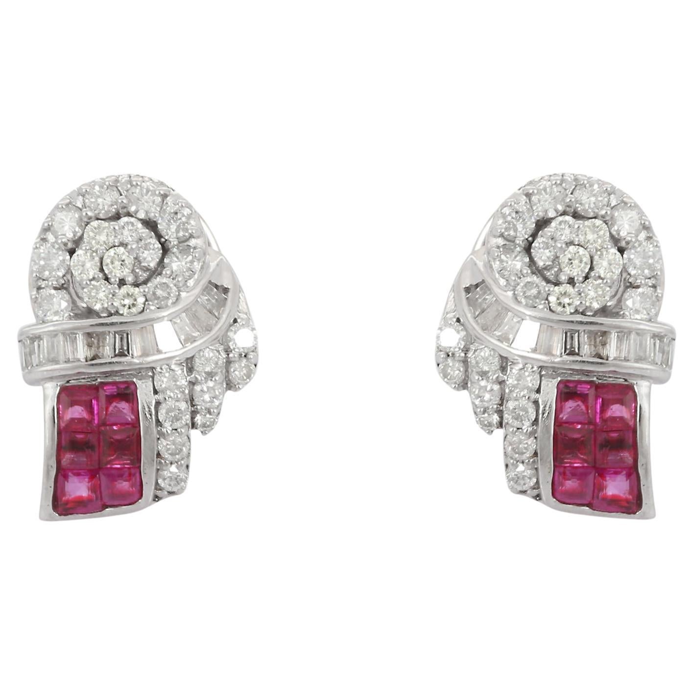 5.14 Carat Ruby and Diamond Wedding Earrings Studded in 14K Solid White ...