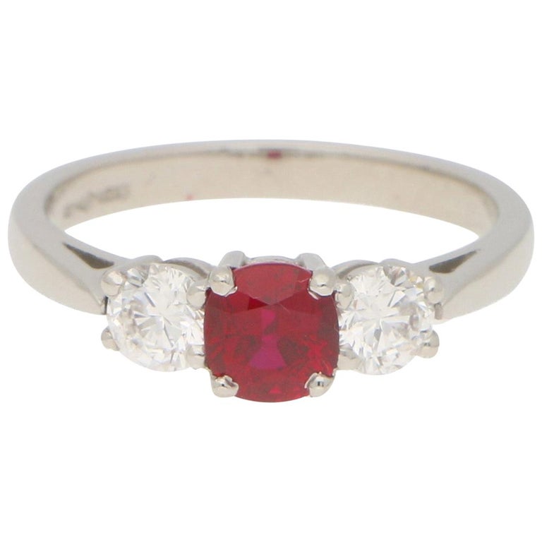 Ruby and Diamond Trilogy Engagement Ring Set in 18 Karat White Gold For ...