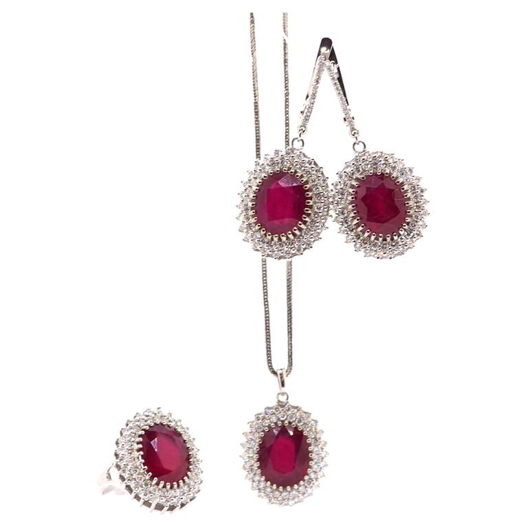 Ruby And Diamond Set Ring Earrings Necklace 18 Karat White Gold For ...