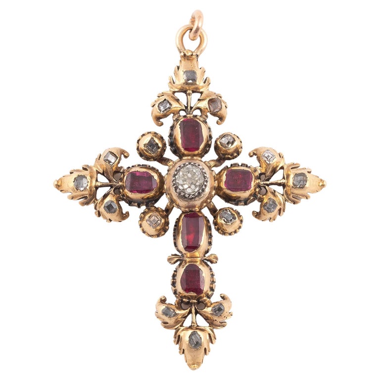 Ruby and Old Cut Diamond Set Gold Cross Pendant, French, Late 18th ...