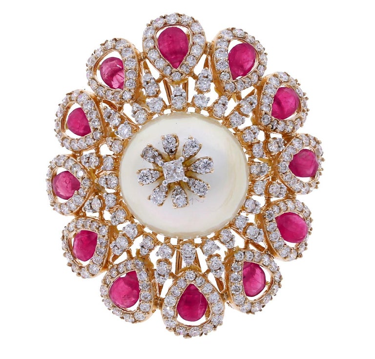 Ruby and Pearl Blooming Flower Ring with Diamonds at 1stDibs