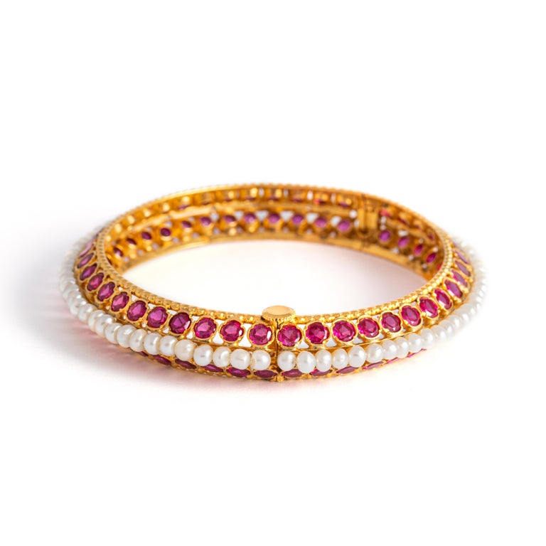 Ruby and Pearl Gold Bangle For Sale at 1stDibs