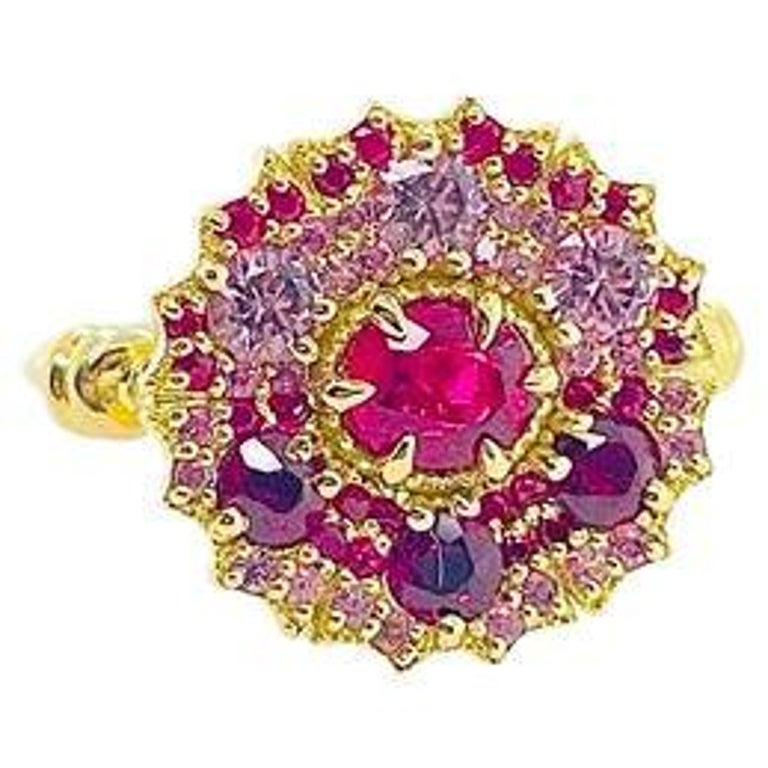 Customizable Ruby and Pink Sapphire Flower Ring in 18ct Yellow Gold For ...