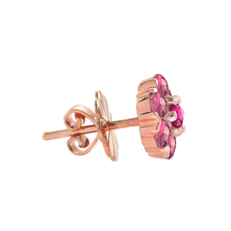 Ruby and Pink Tourmaline Floral Cluster Stud Earrings in 14K Rose Gold ...