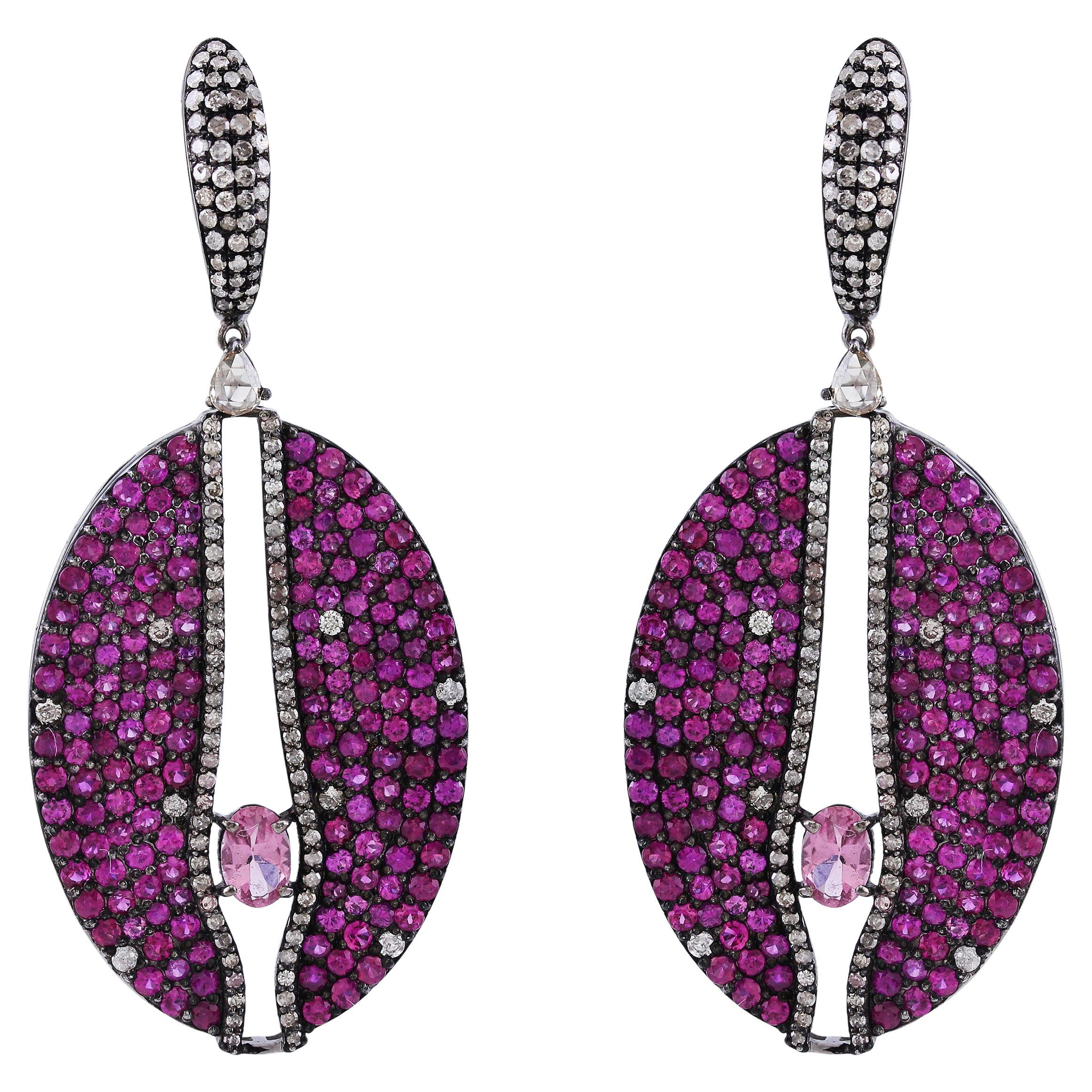 Ruby and Pink Tourmaline Victorian Dangle Earrings with Diamond in 18K ...