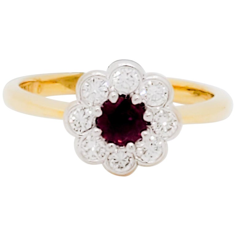 Ruby and White Diamond Cluster Flower Ring in 18 Karat Gold For Sale at ...
