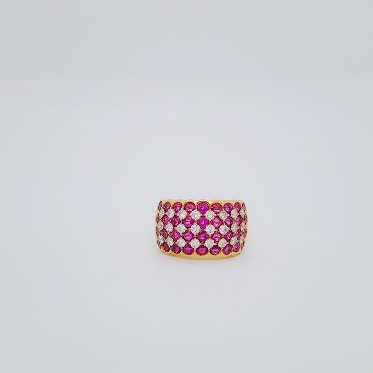 Ruby and White Diamond Multi Row Band Ring in 18k Yellow Gold For Sale ...