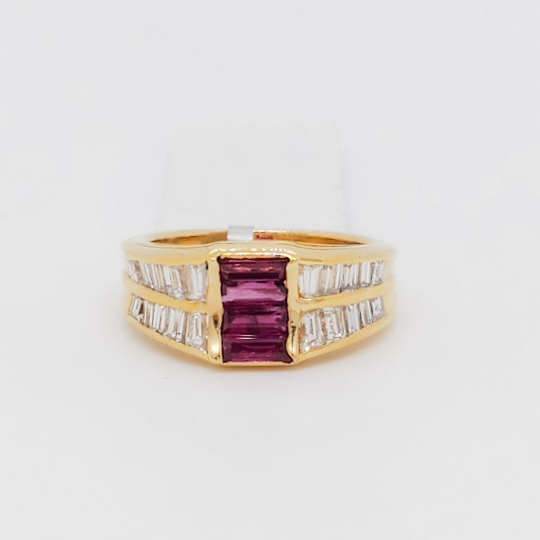 Ruby Baguette and Diamond Band Ring in 18k Yellow Gold For Sale at 1stDibs
