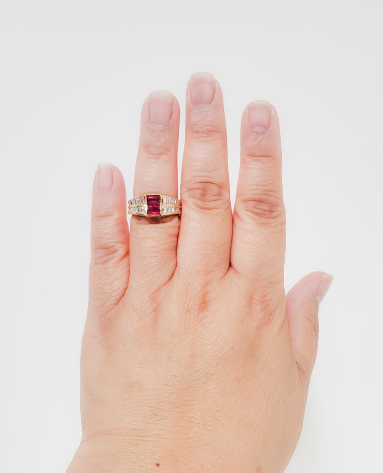 Ruby Baguette and Diamond Band Ring in 18k Yellow Gold For Sale at 1stDibs