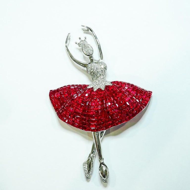 Ruby Ballerina Brooch 18 Karat White Gold in Invisible Setting at 1stDibs