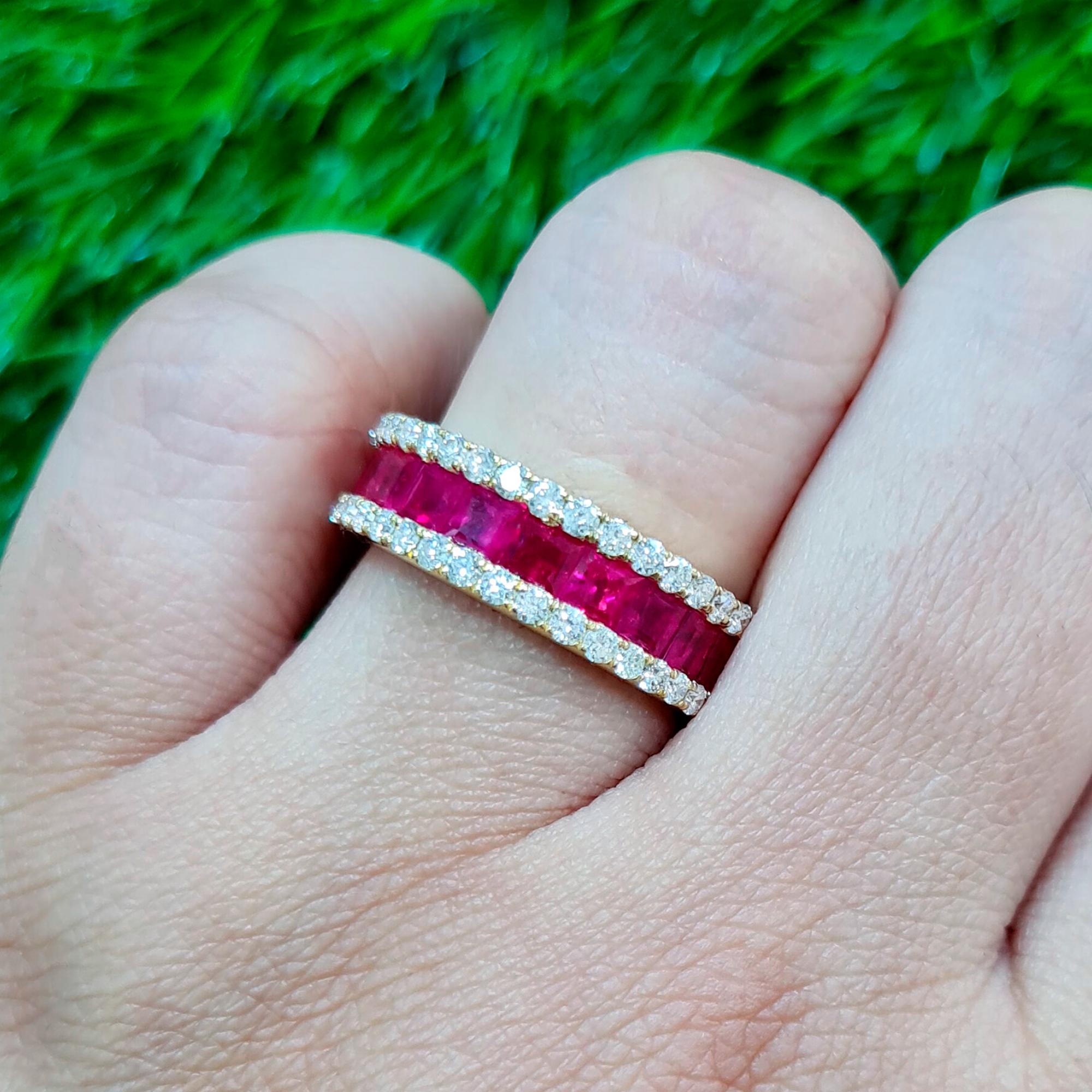 Ruby Band Ring With Diamonds 2.36 Carats 18K Yellow Gold For Sale at 1stDibs