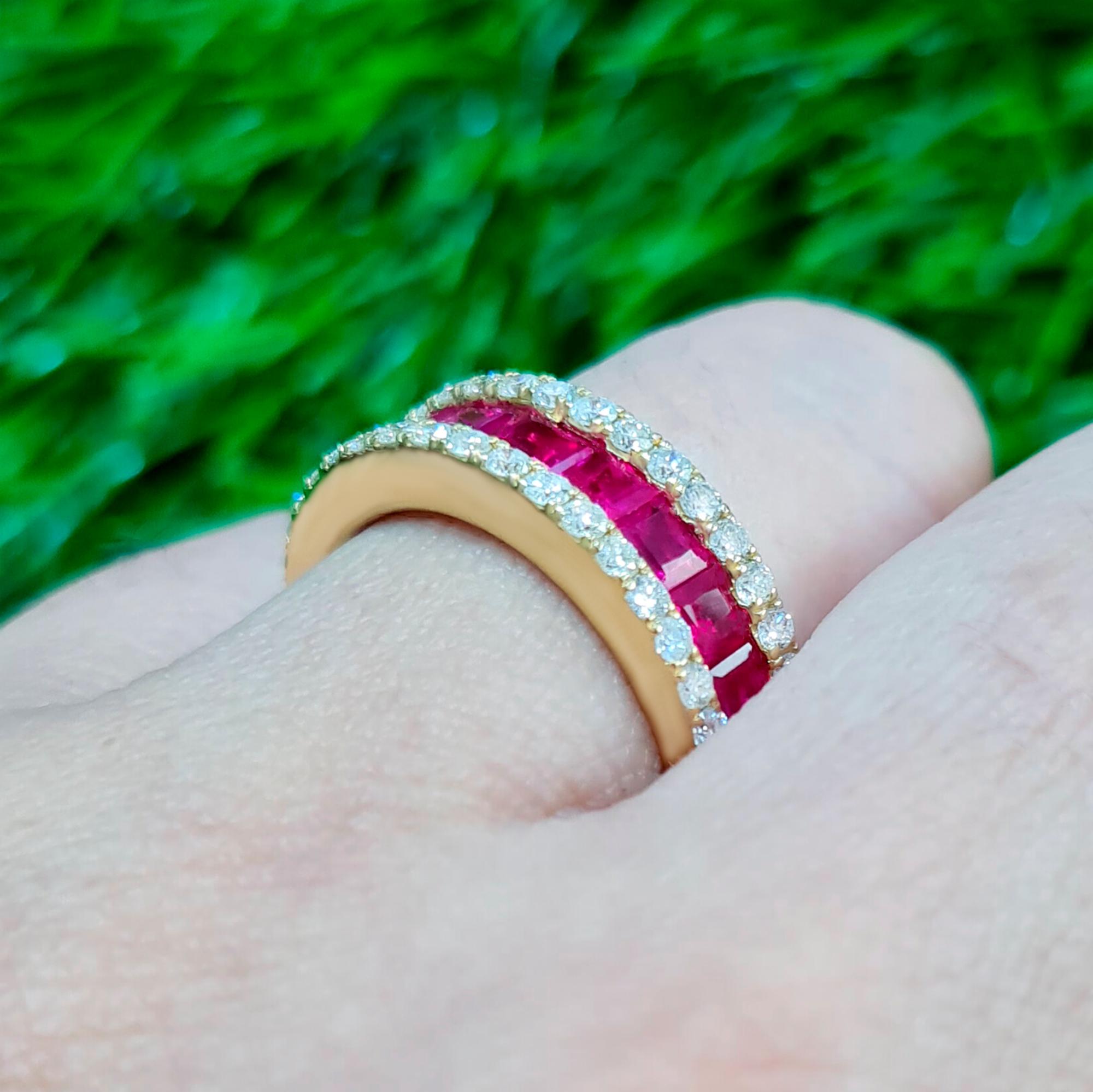 Ruby Band Ring With Diamonds 2.36 Carats 18K Yellow Gold For Sale at 1stDibs