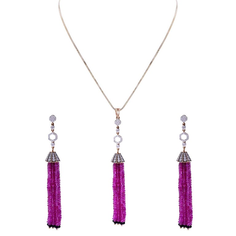 Ruby Beads Tassel Earrings with Diamonds and Onyx, 18k For Sale at 1stDibs