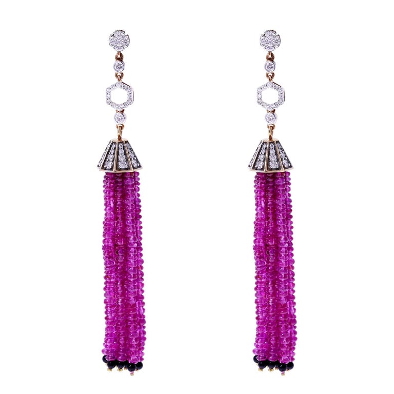 Ruby Beads Tassel Earrings with Diamonds and Onyx, 18k For Sale at 1stDibs