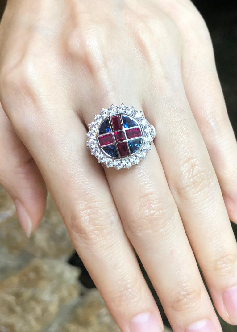 Ruby, Blue Sapphire and Diamond Ring Set in 18k White Gold Settings For ...