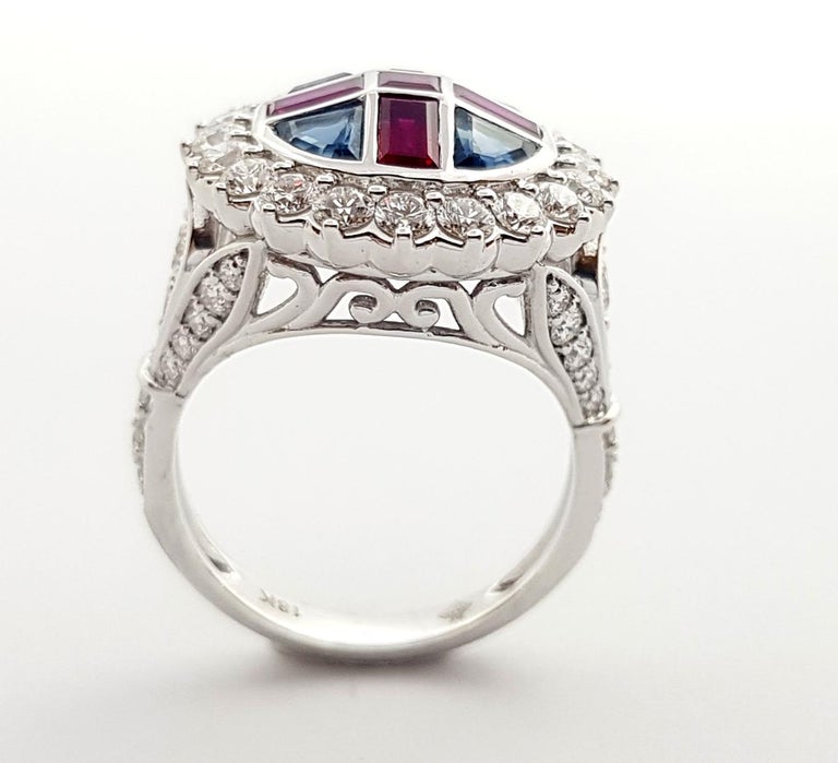 Ruby, Blue Sapphire and Diamond Ring Set in 18k White Gold Settings For ...
