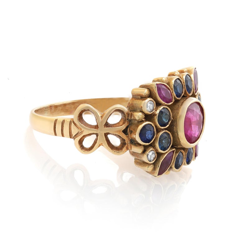 Ruby Blue Sapphire and Diamond Cocktail Ring 14K Yellow Gold For Sale ...