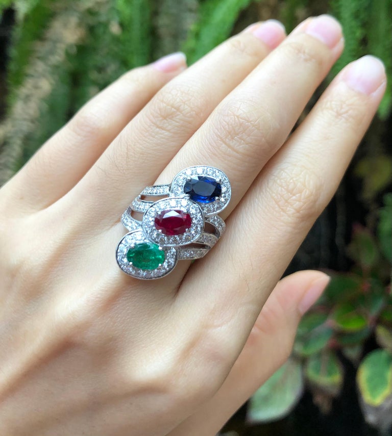 Ruby, Blue Sapphire, Emerald and Diamond Ring set in 18 Karat White ...
