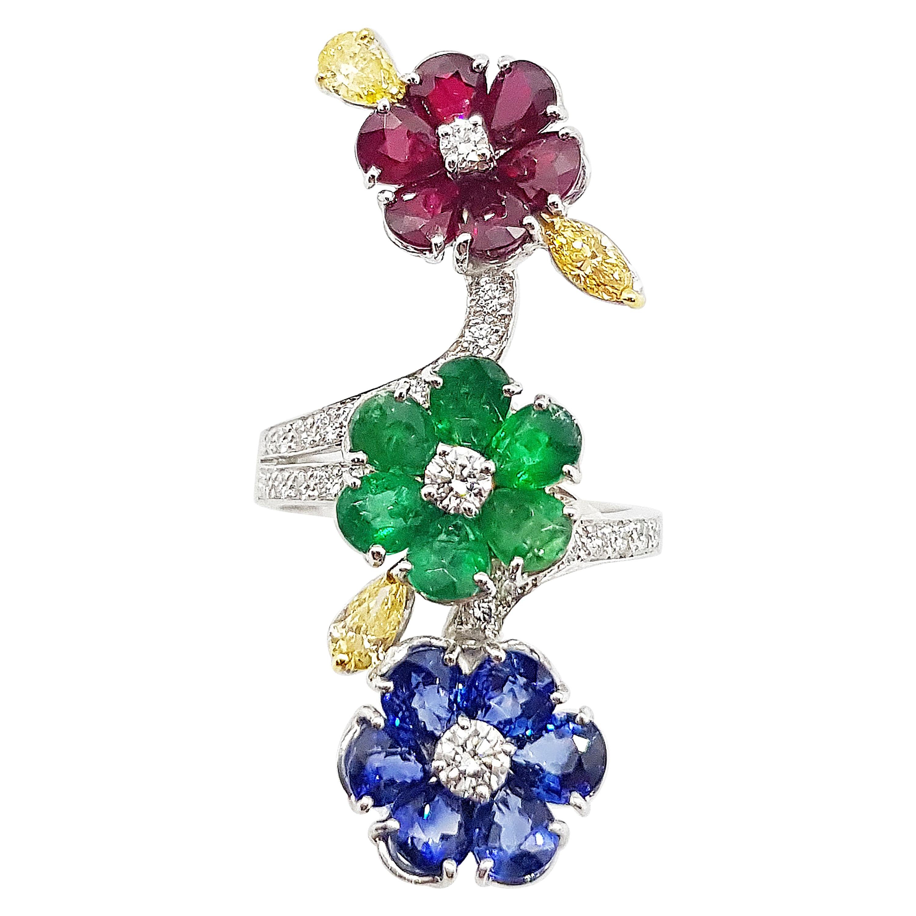 Set of 3 Stackable Yellow Gold with Emerald Ruby and Blue Sapphire ...