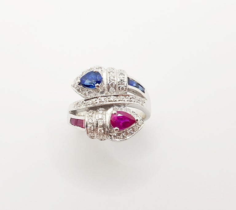 Ruby, Blue Sapphire with Diamond Ring Set in 18 Karat White Gold ...