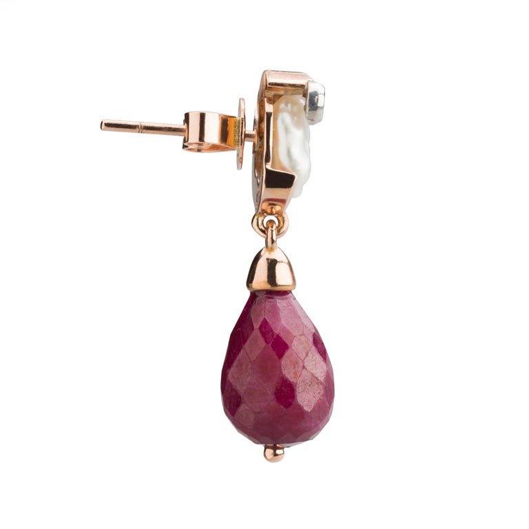 Ruby Briolette Drops, Keshi Pearls, Diamond Earrings in 18 Karat Rose ...