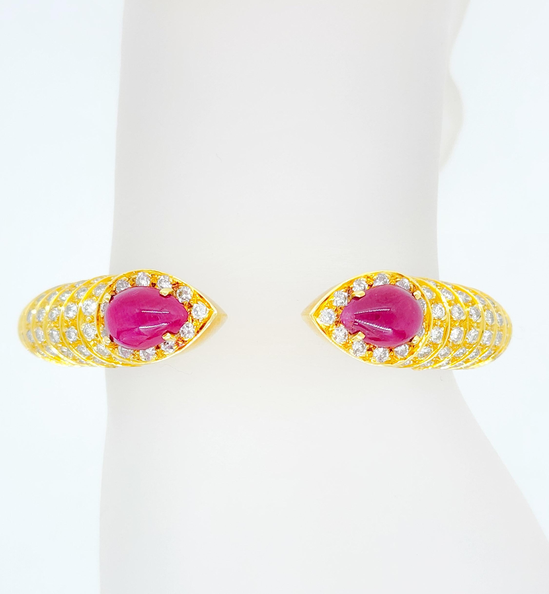 Ruby Cabochon and White Diamond Bangle in 18k Yellow Gold at 1stDibs