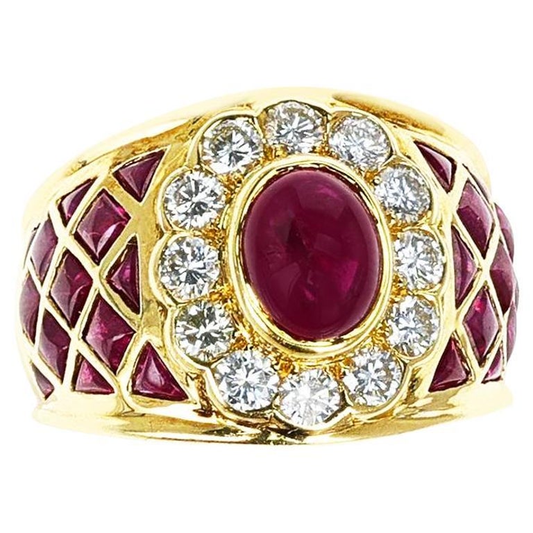 Ruby Cabochon Cocktail Ring with Rubies and Diamonds, 18k For Sale at ...