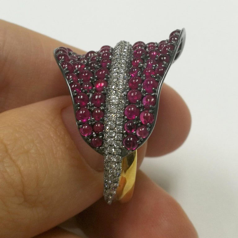 Ruby Cabochon Diamonds 18 Karat Yellow and Black Gold Stingray Ring For ...