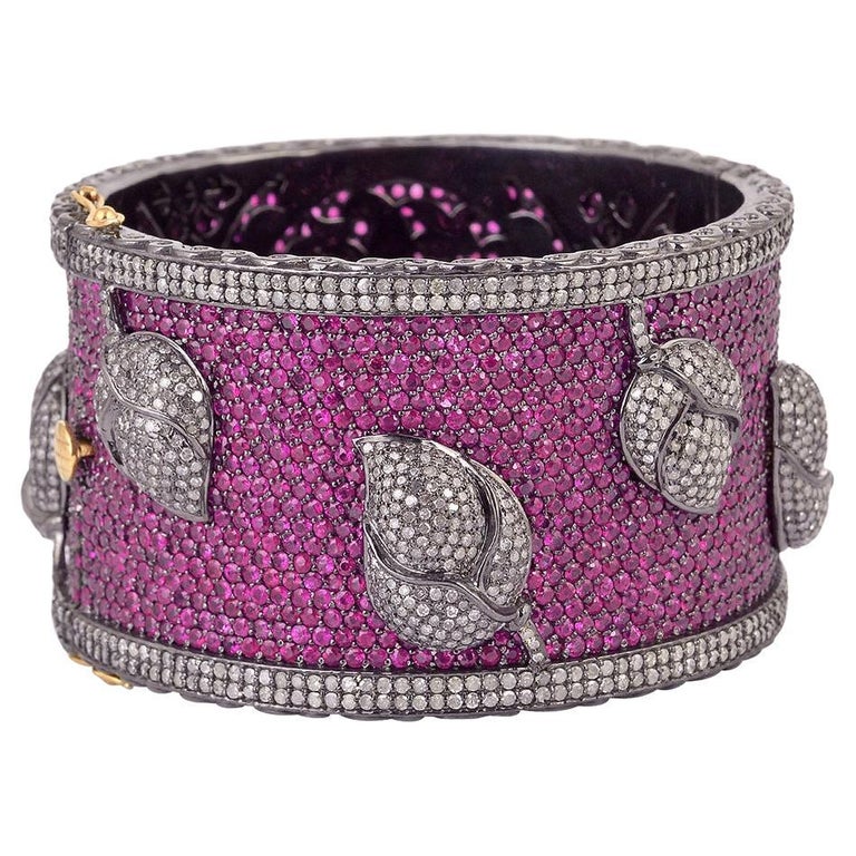 Ruby Cuff with Pave Diamond Setting in Flower Design Made in 18k Gold ...