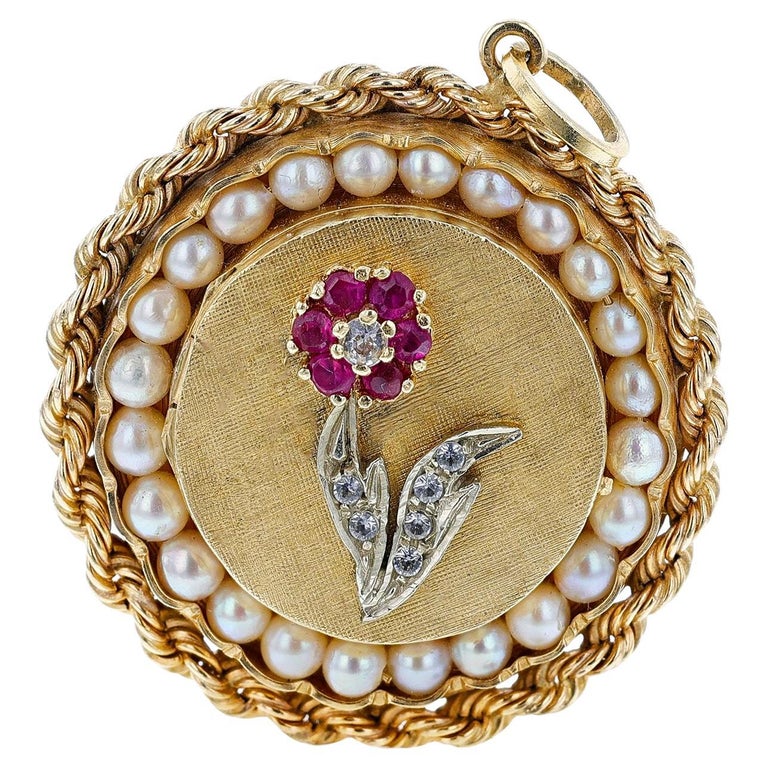 Ruby, Cultured Pearl, Diamond Pendant and Locket, 14k Yellow For Sale ...