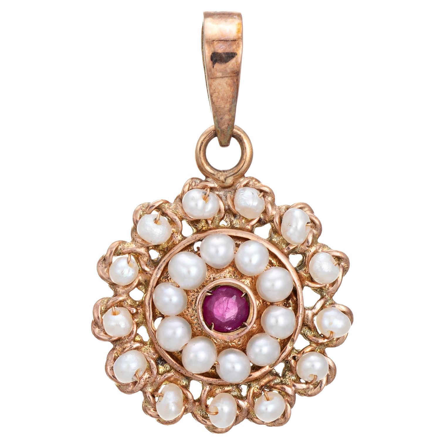 Antique Deco Calibre Ruby Pearl Pendant Necklace Vintage 18k Gold ...
