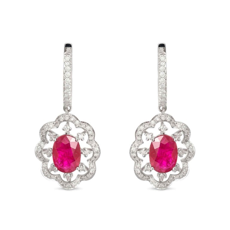 Ruby Diamond 18 Karat White Gold Drop Earrings For Sale at 1stDibs