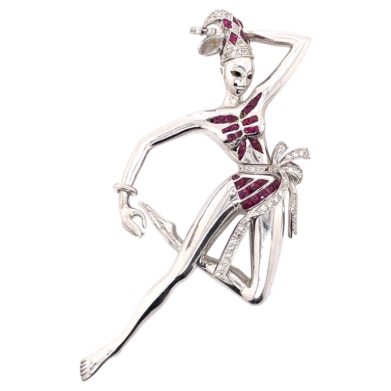Ruby, Diamond and 18k White Gold Court Jester Brooch For Sale at 1stDibs