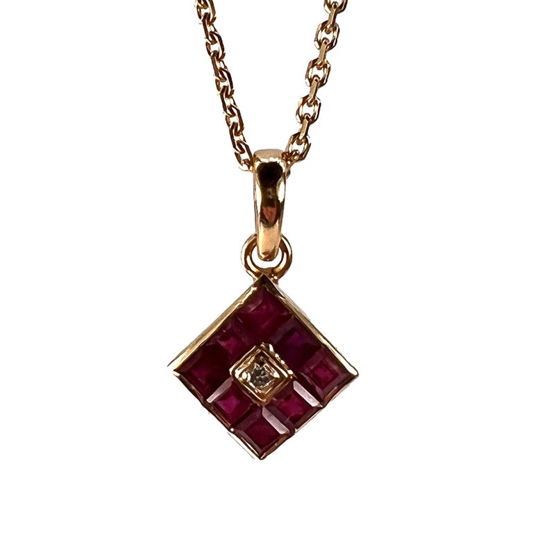 Ruby Diamond 18K Yellow Gold Angled Square Cluster Pendant For Sale at ...