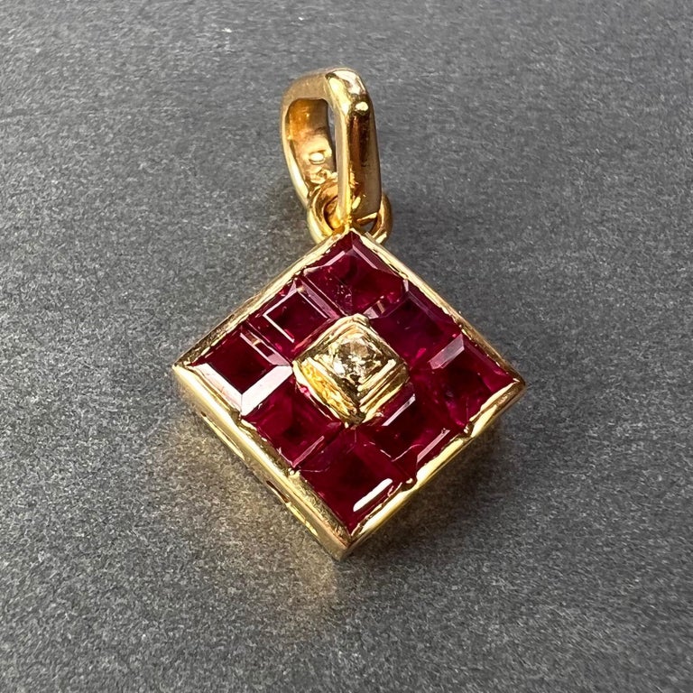 Ruby Diamond 18K Yellow Gold Angled Square Cluster Pendant For Sale at ...