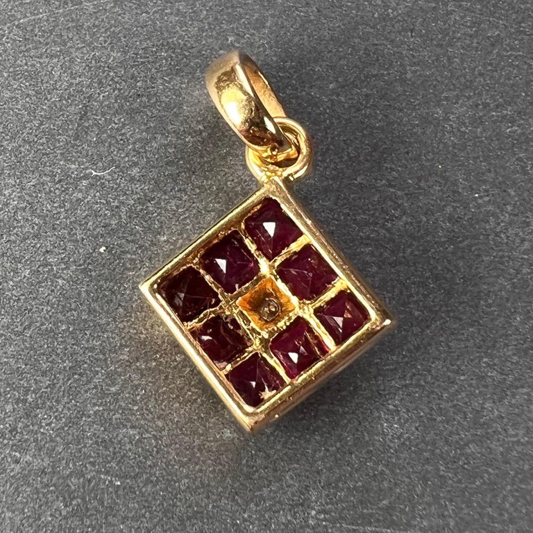 Ruby Diamond 18K Yellow Gold Angled Square Cluster Pendant For Sale at ...