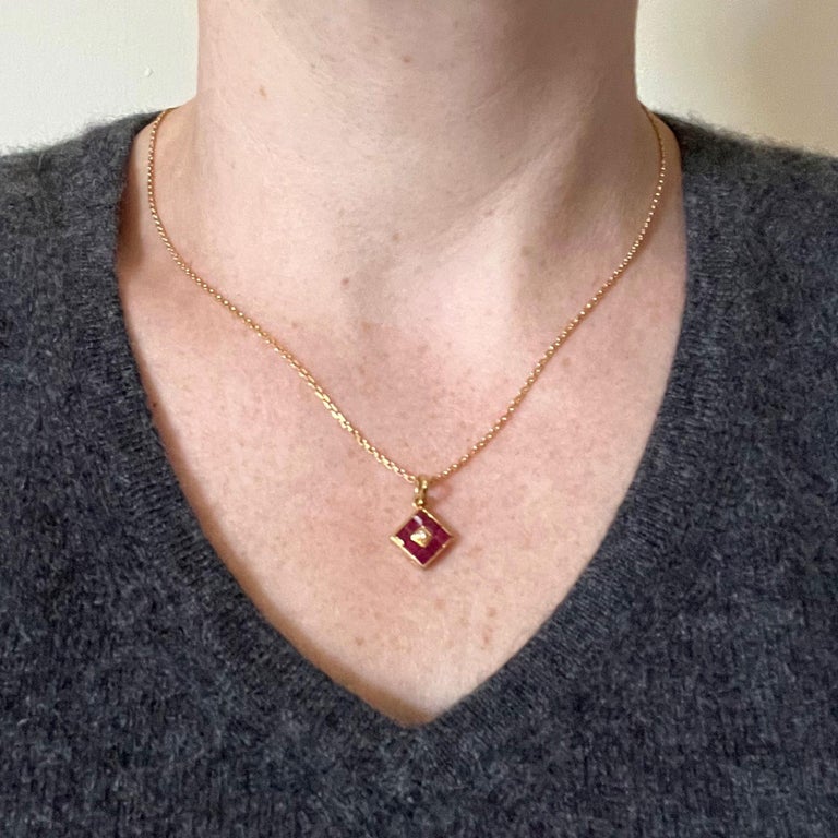 Ruby Diamond 18K Yellow Gold Angled Square Cluster Pendant For Sale at ...