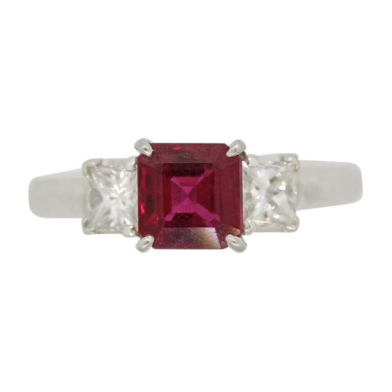 Ruby Diamond 3-Stone Platinum Ring For Sale at 1stDibs