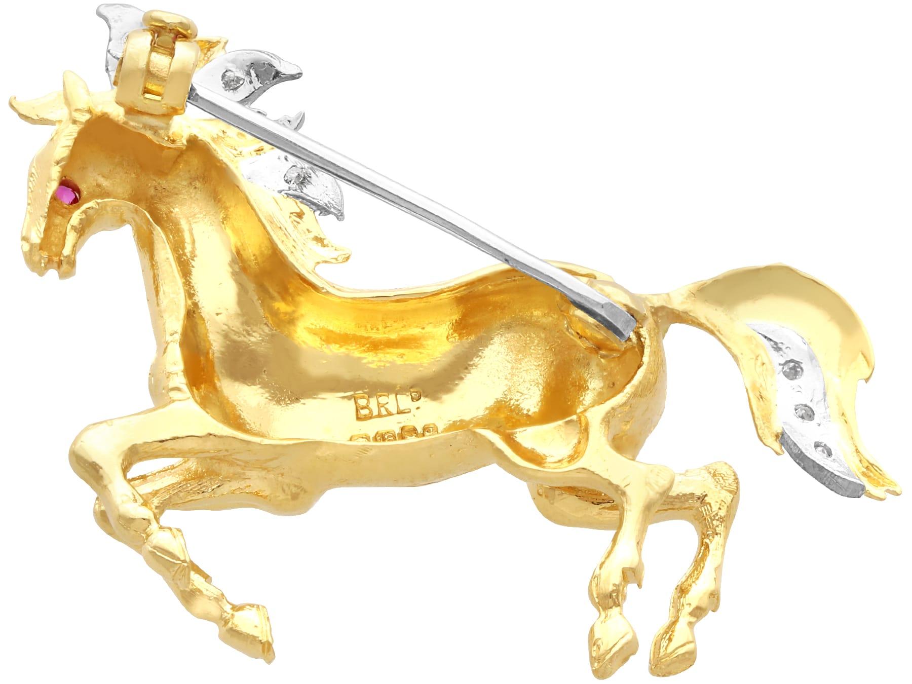 Ruby, Diamond and 18k Yellow Gold Horse Brooch - Vintage (1971) For ...
