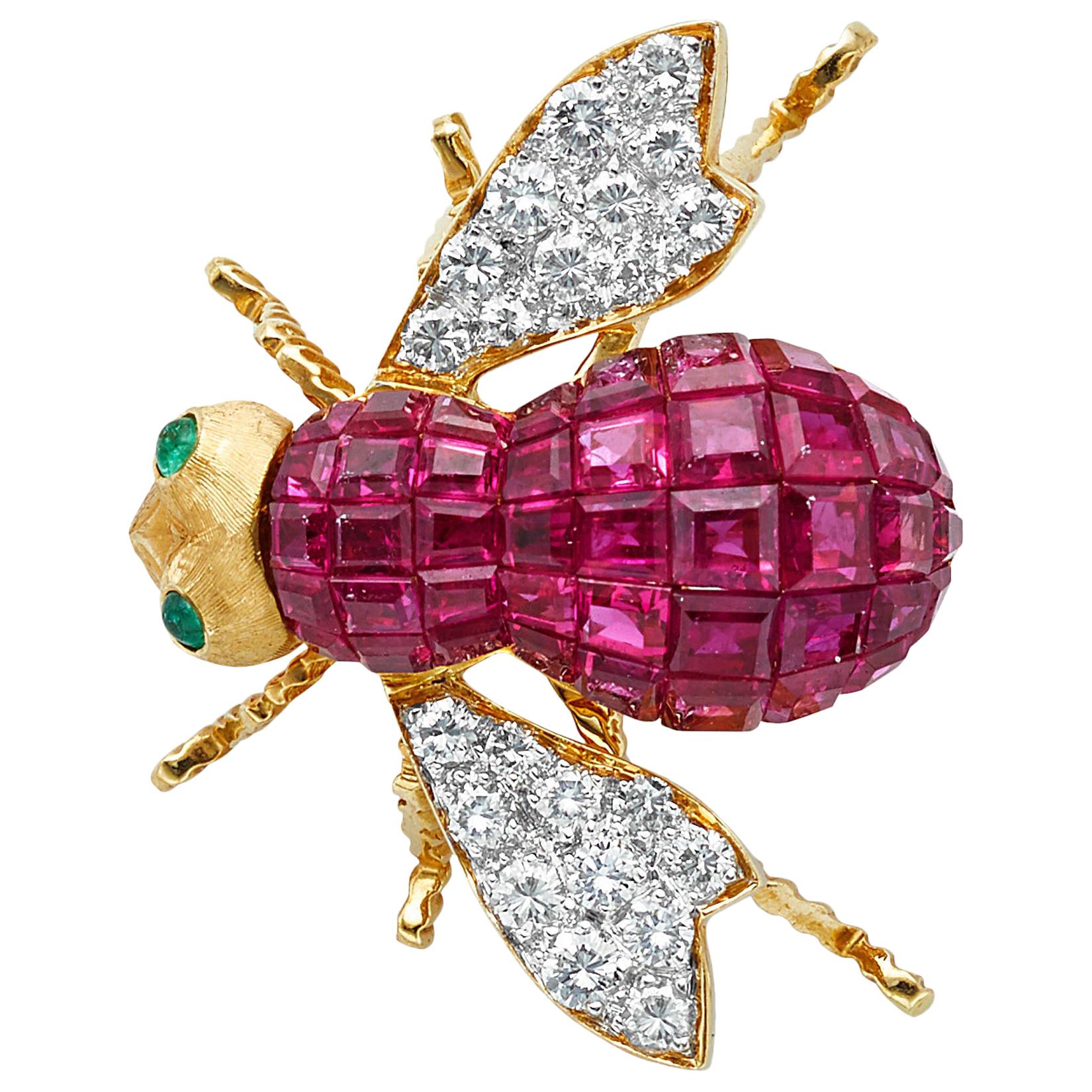 Ruby Diamond and Emerald 18 Karat Yellow Gold French Bee Pin at 1stDibs