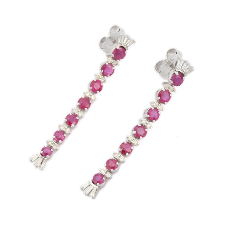 Ruby Diamond Dangle Earrings in 18K White Gold For Sale at 1stDibs