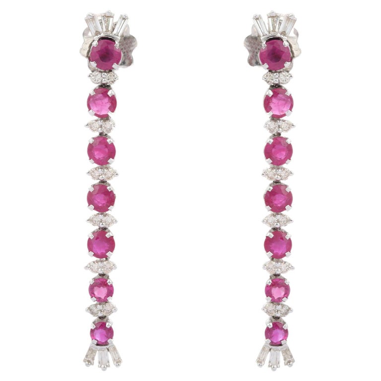 Ruby Diamond Dangle Earrings in 18K White Gold For Sale at 1stDibs